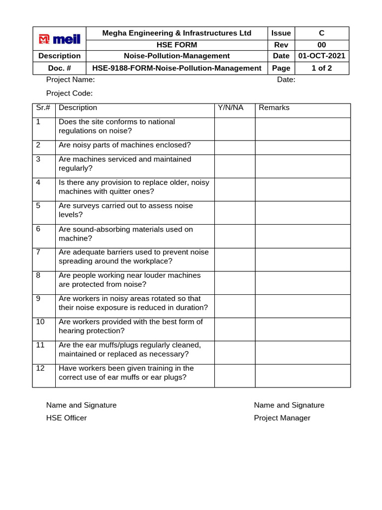 HSE-9188-FORM-Noise-Pollution-Management-00 | PDF | Noise | Safety
