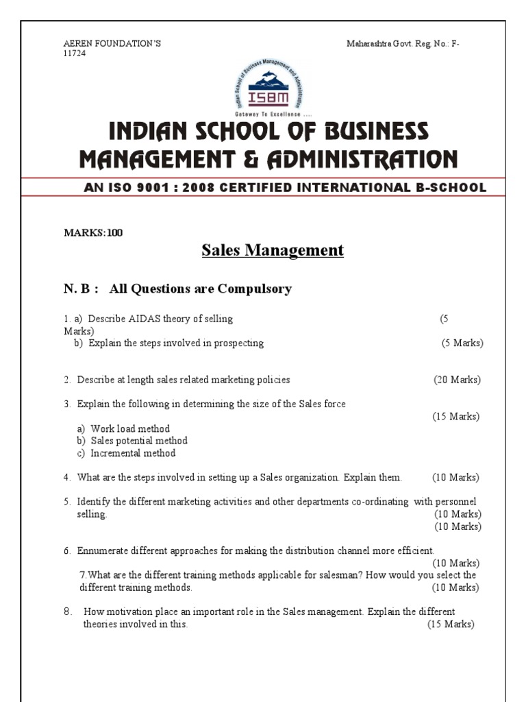 Question Paper Sales Management | PDF | Business | Economies