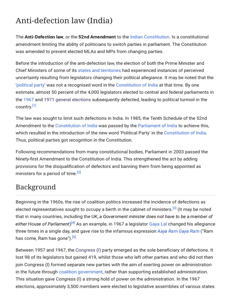 Anti-Defection Law (India) - Wikipedia | PDF | Government | Politics Of ...