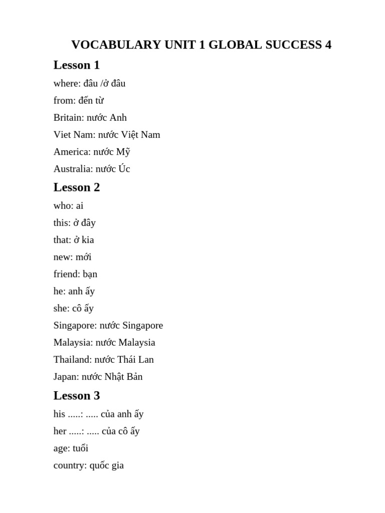 Vocabulary Unit 1 Global Success 4 | PDF