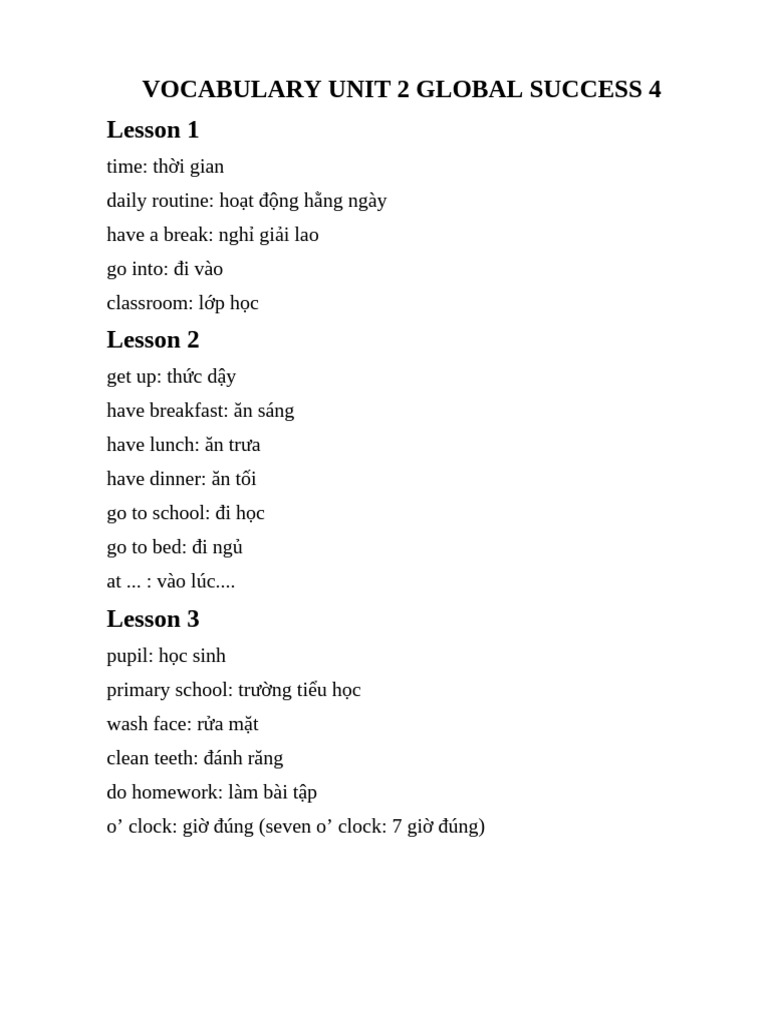 Vocabulary Unit 2 Global Success 4 | PDF