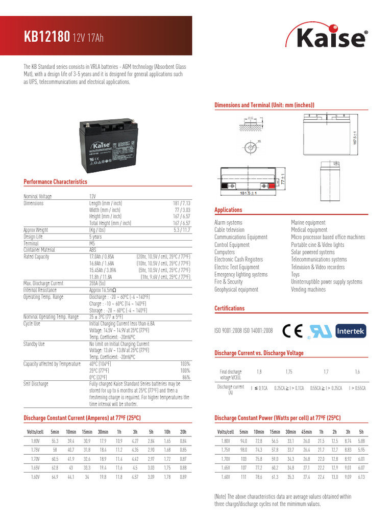12V 17Ah VRLA Battery Specifications | PDF | Electricity | Electronics