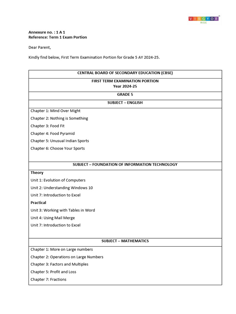 Annexure 1 A 1 Cbse Grade 5 Term 1 Examination Portion Ay 24 25 | PDF