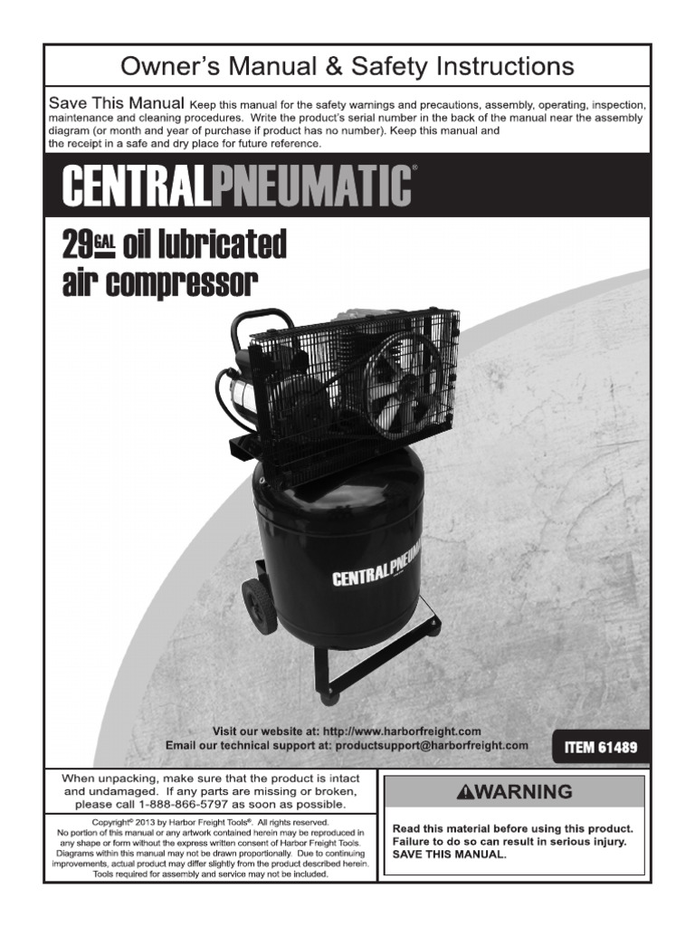Central Pnuematic 2 HP 29 Gal Air Compressor Model 61489 | PDF | Valve ...