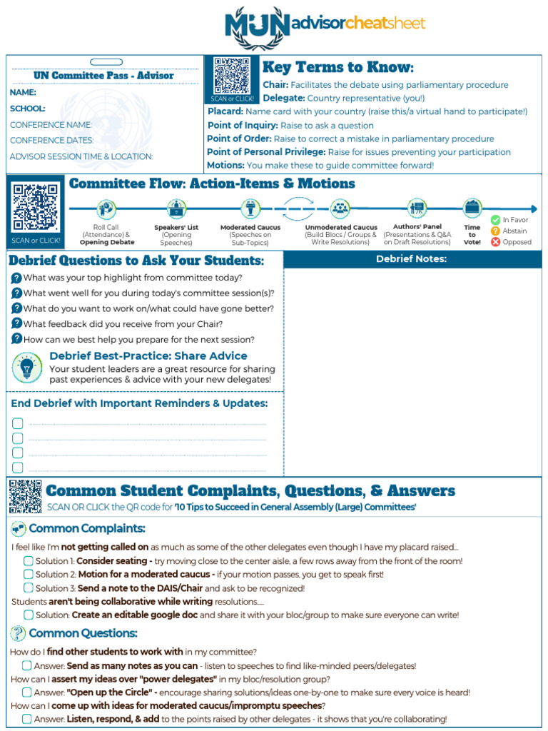 Model UN Teacher-Advisor Cheat Sheet | PDF