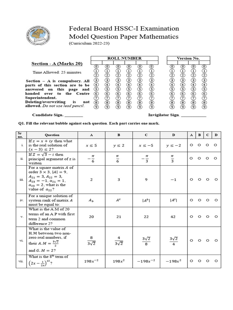 Model Paper XI Math (2024-2025) | PDF | Mathematics