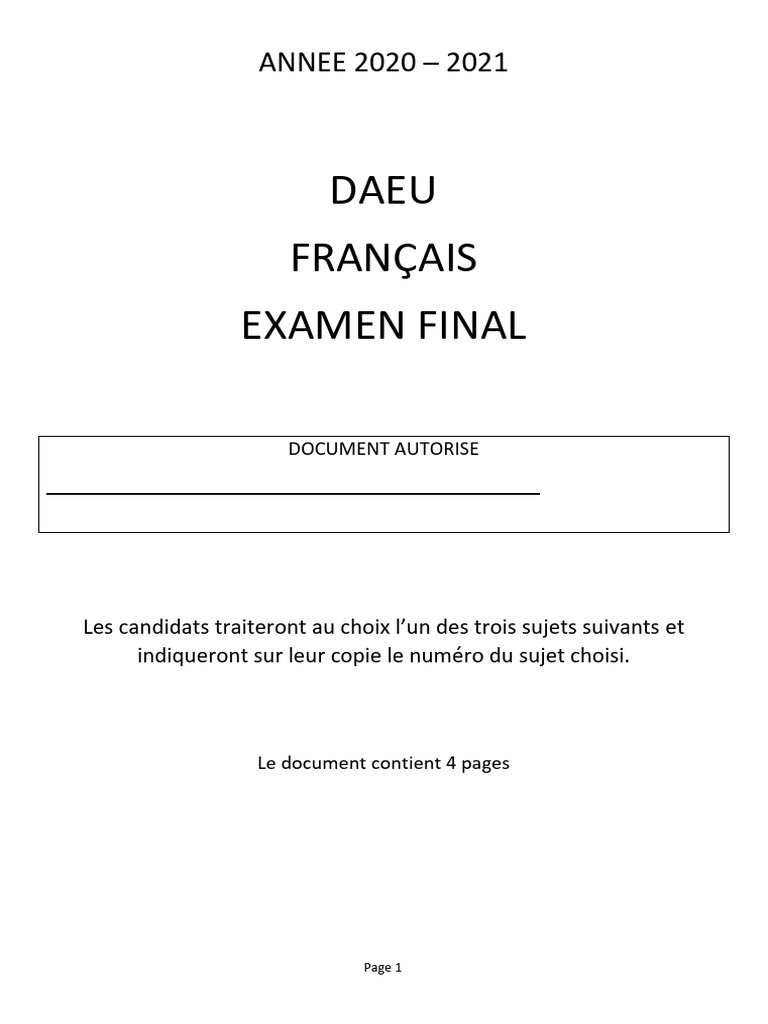 Examen final DAEU Français 2020-2021 | PDF