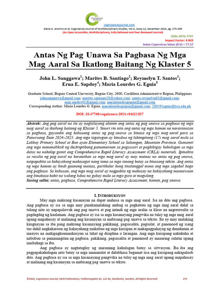Antas Ng Pag-Unawa Sa Pagbasa Ng Mga Mag-Aaral Sa Ikatlong Baitang Ng ...