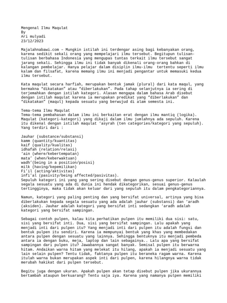 Mengenal Ilmu Maqulat - Majalah Nabawi | PDF