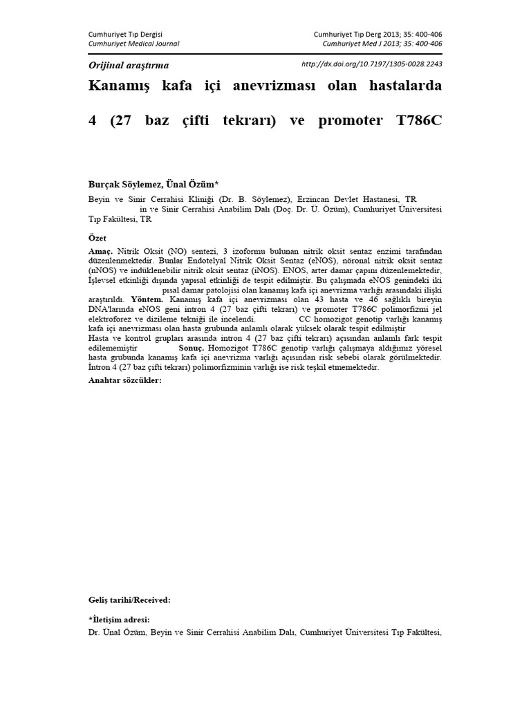 Kanam - Kafa I - I Anevrizmas - Olan Hastalarda Endotelyal Nitrik Oksit Sentaz (eNOS) Geninin ...