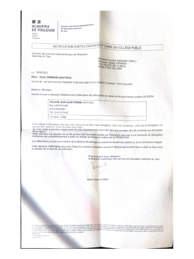 Notification D'affectation en 6° Dans | PDF