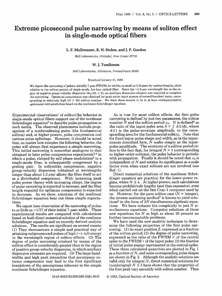 1983 - L. F. Mollenauer - Extreme Picosecond Pulse Narrowing by Means ...