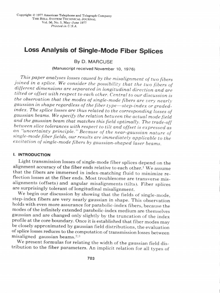 1975 - D. Marcuse - Loss Analysis of Single-Mode Fiber Splices | PDF