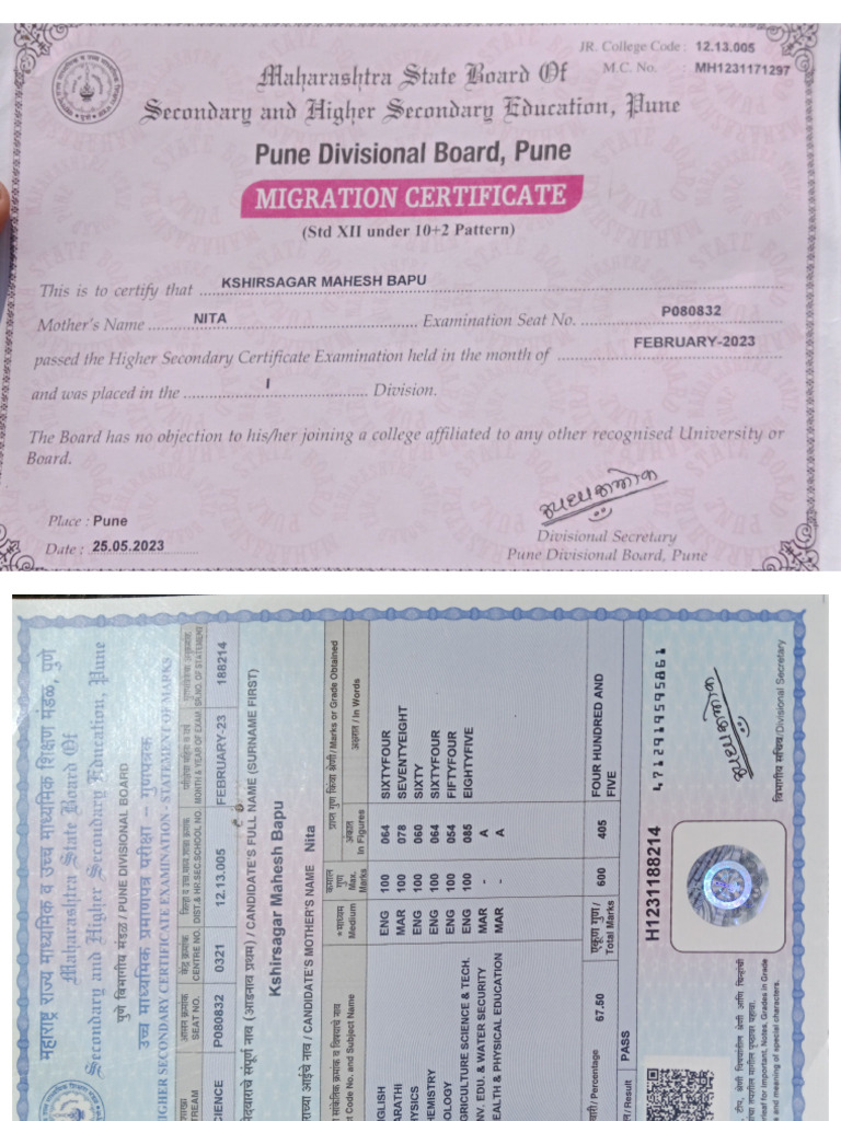 12marksheet & Migration Certificate | PDF