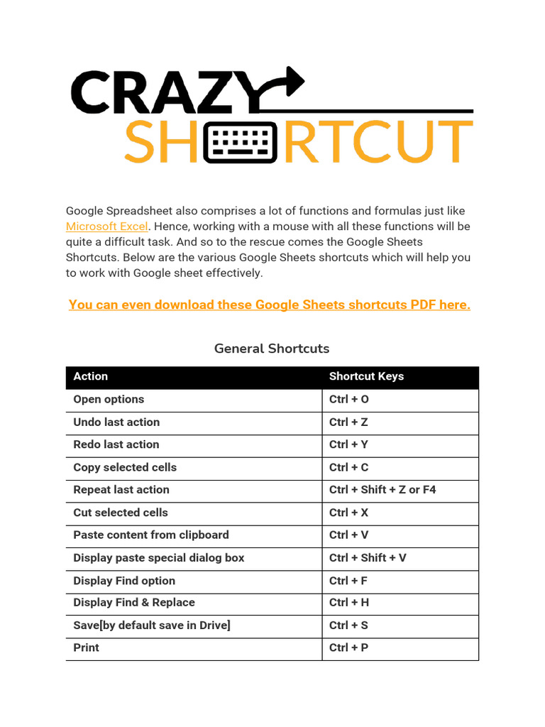 101 Google Sheets Shortcuts PDF | PDF | Keyboard Shortcut | Control Key