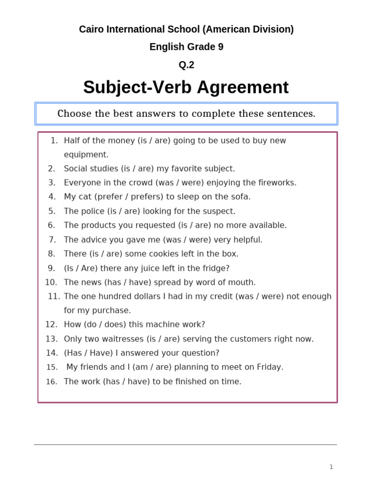 Subject-Verb Agreement Exercises for Grade 9 | PDF