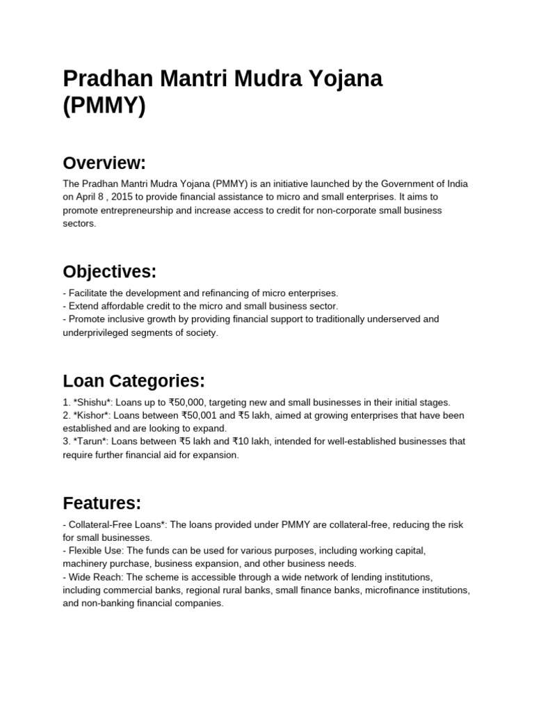 Pradhan Mantri Mudra Yojana (PMMY) | PDF | Loans | Financial Inclusion