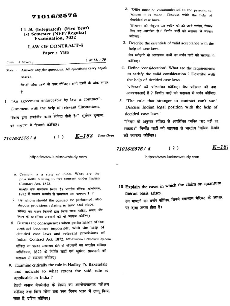 LLB 1 Sem Law of Contract 1 71016 2022 | PDF