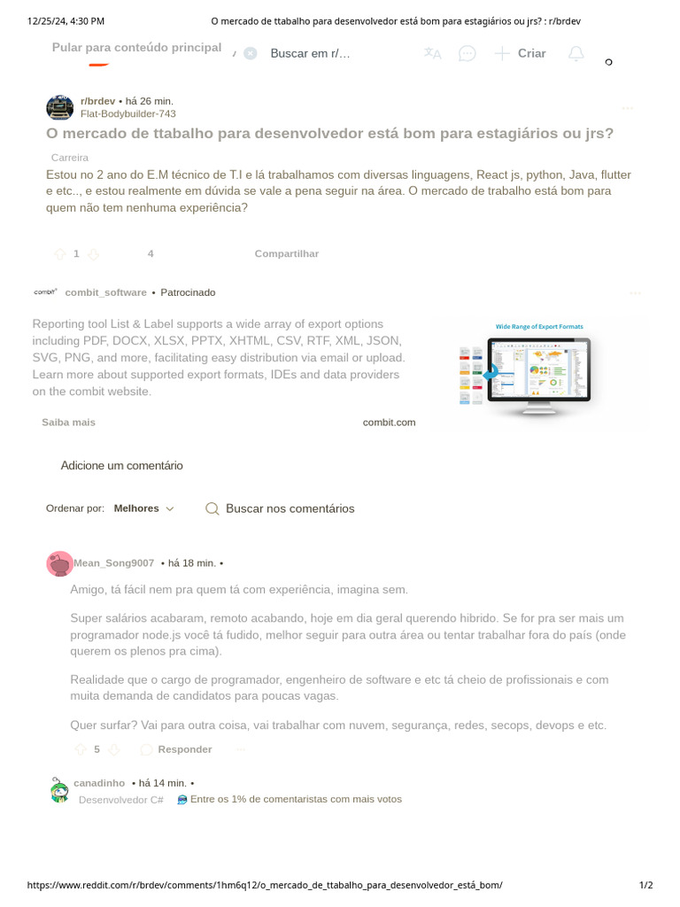 O Mercado de Ttabalho para Desenvolvedor Está Bom para Estagiários Ou Jrs - R - Brdev | PDF ...