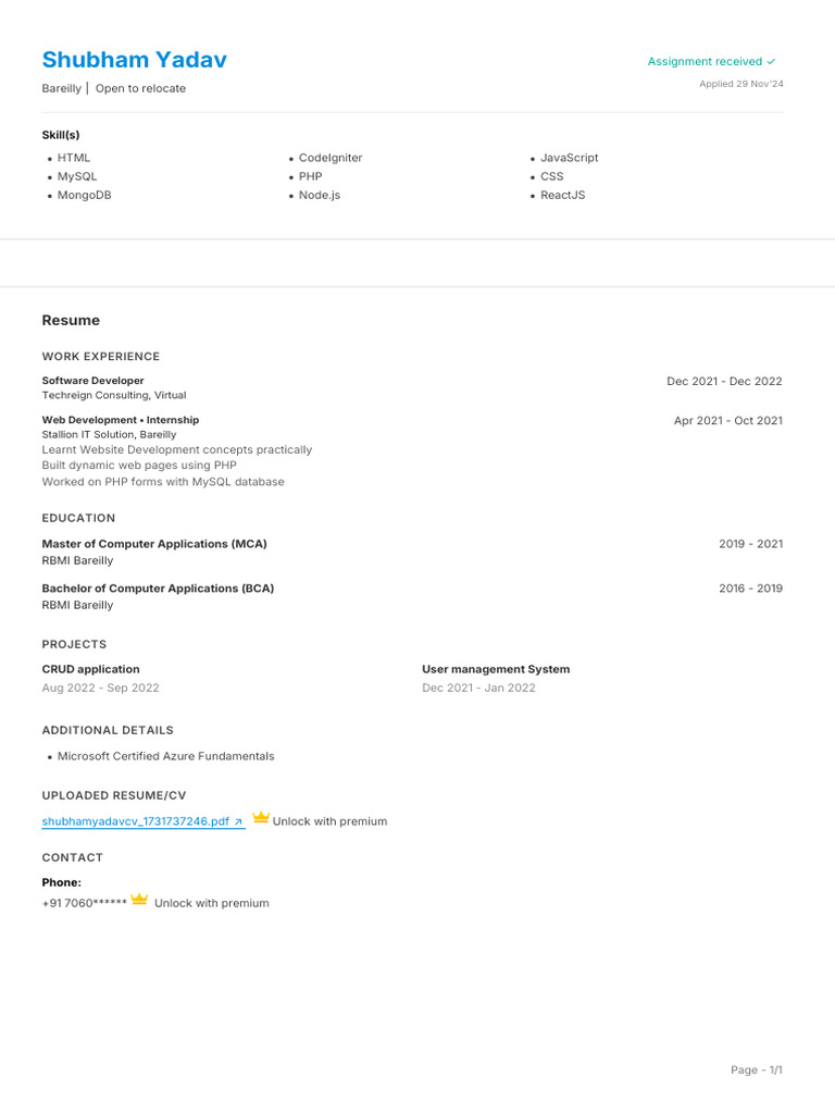 Software Developer Resume - Shubham Yadav | PDF