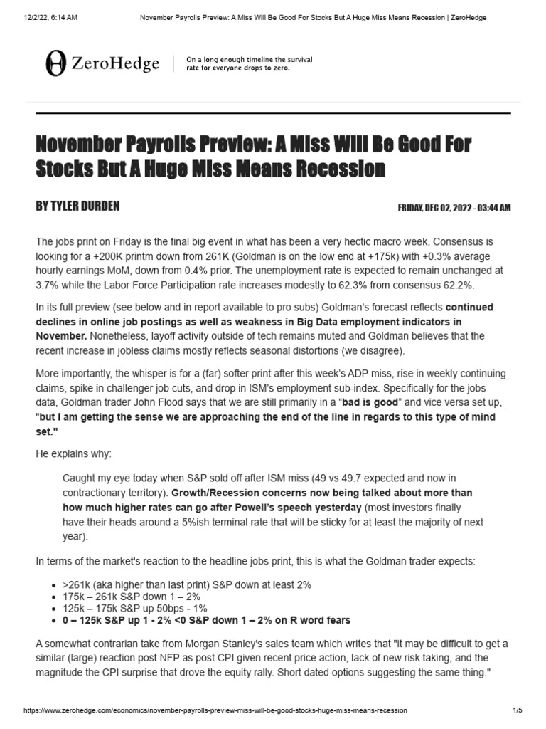 November Payrolls Preview - A Miss Will Be Good For Stocks But A Huge ...