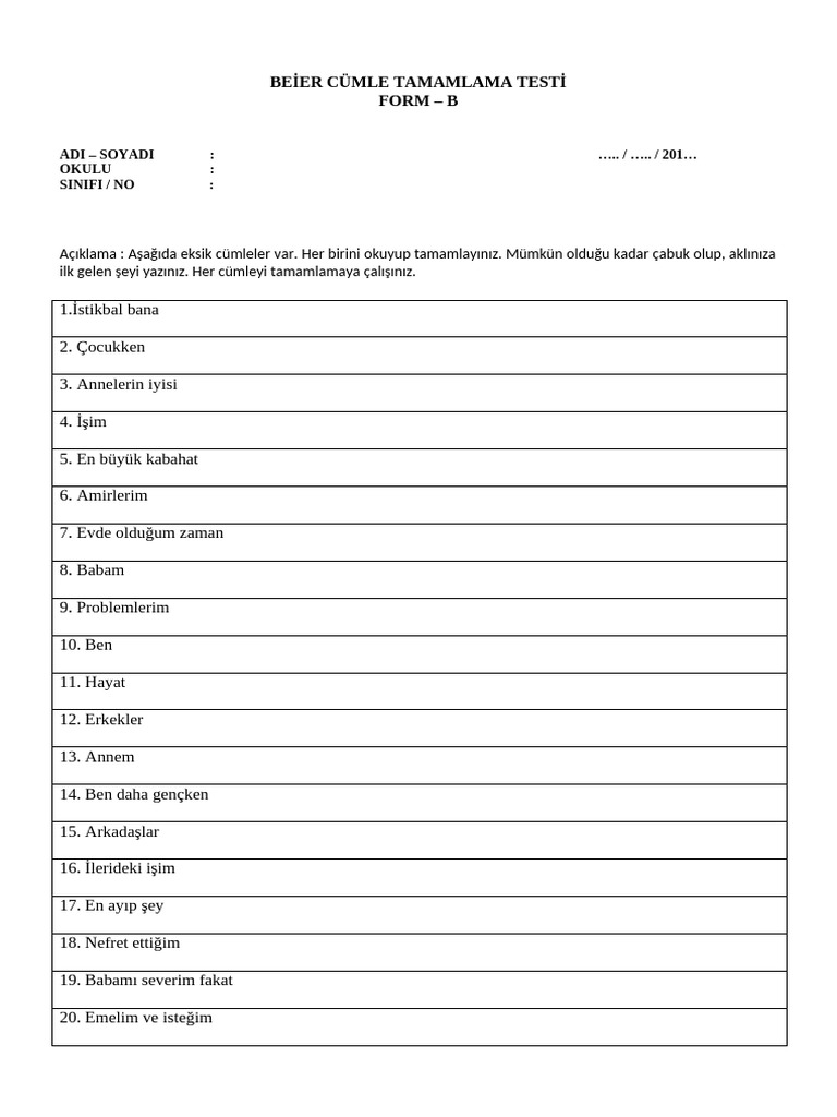 Beier Cümle Tamamlama Testi Form - B | PDF