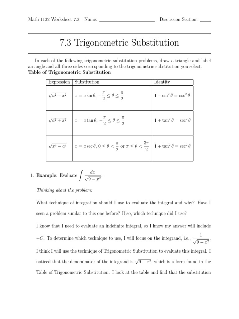 7.3 Trig Sub | PDF | Trigonometry | Complex Analysis