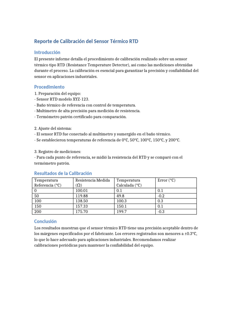 Reporte Calibracion Sensor RTD | PDF