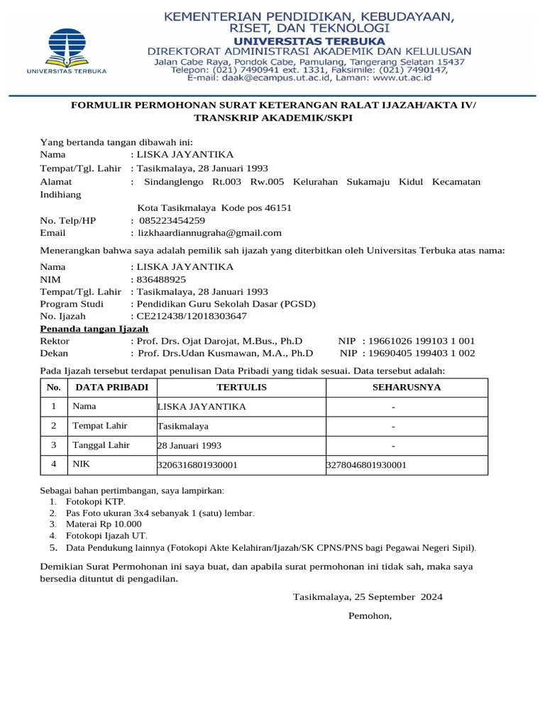 Permohonan Ralat Ijazah Universitas Terbuka | PDF