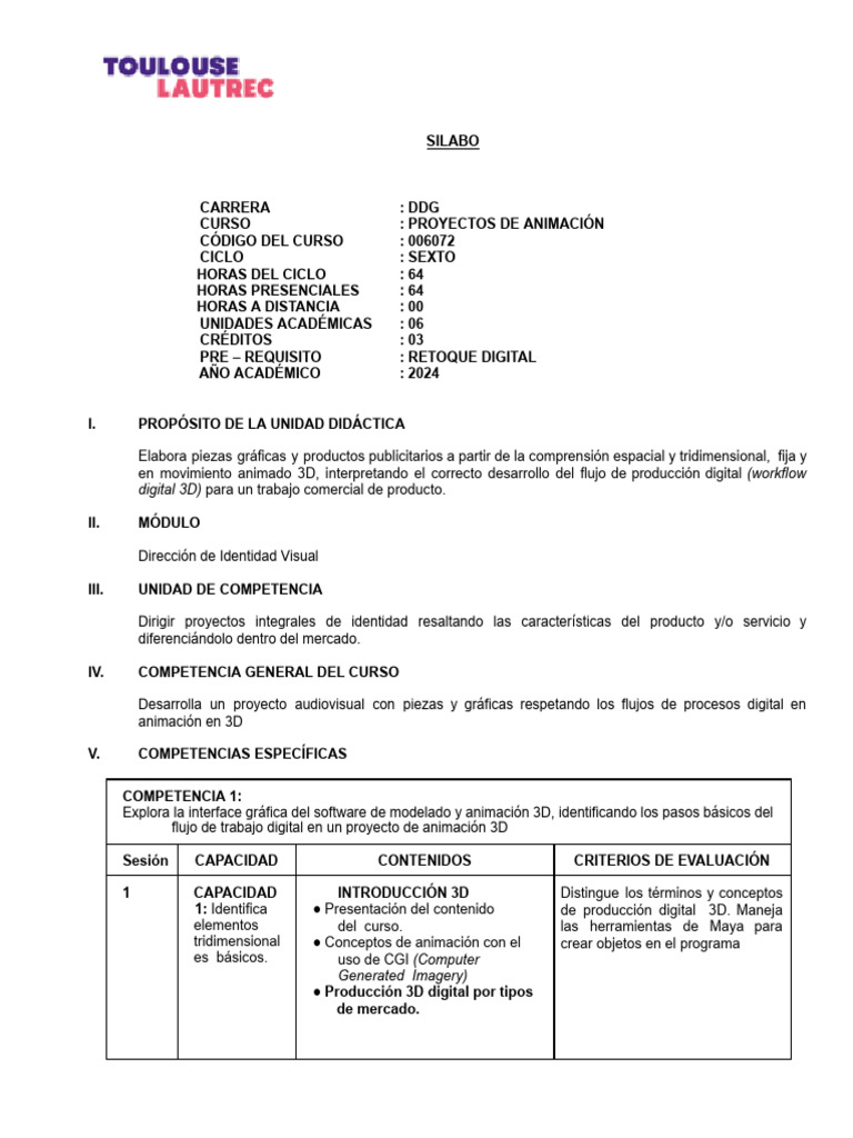 6072 Sílabo - Proyectos de Animación - 2024 | PDF | Mapeado de texturas | Gráficos de ...