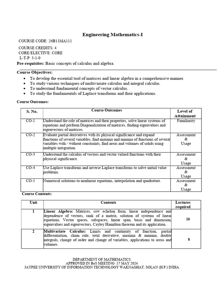 EM-I Syllabus 24B11MA111 | PDF | Matrix (Mathematics) | Eigenvalues And Eigenvectors