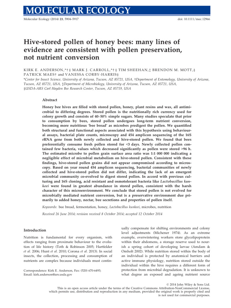 Anderson Et Al 2014 - Hive Stored Pollen of Honey Bees Many Lines of ...