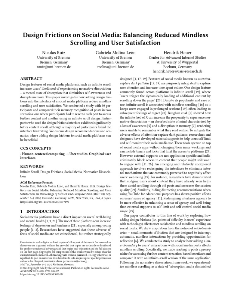 Design Frictions On Social Media: Balancing Reduced Mindless Scrolling and User Satisfaction ...