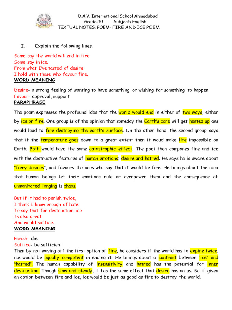 G-10 Eng Poem 2 Fire and Ice Poem Notes | PDF | Poetry | Greed