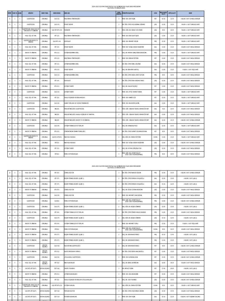 2024-2025 Guz Ders Programi Ilan | PDF