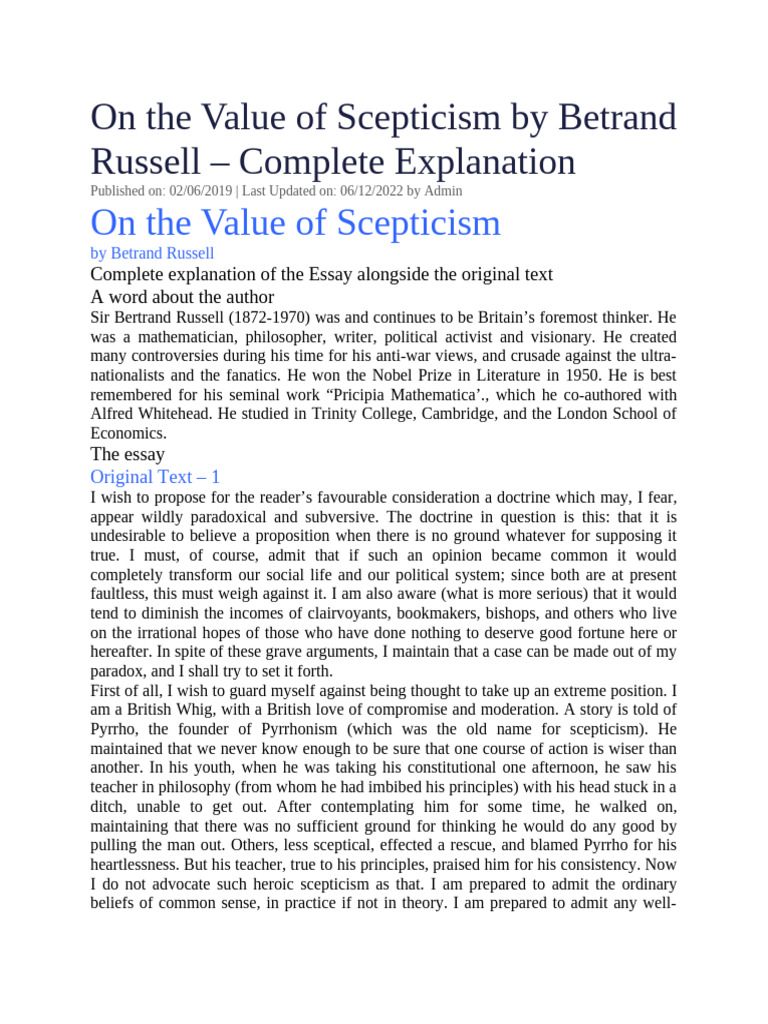 EXPLANATION On The Value of Scepticism by Betrand Russell | PDF | Skepticism | Bertrand Russell