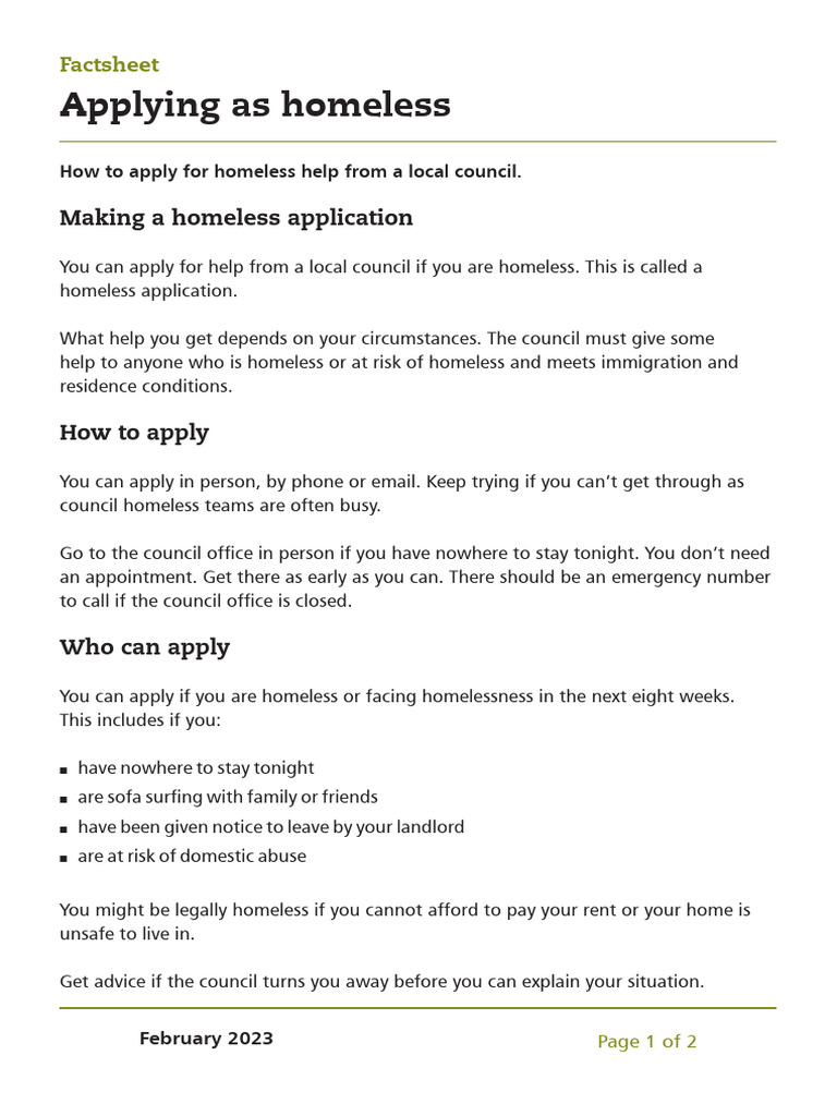 Factsheet Applying As Homeless | PDF | Homelessness