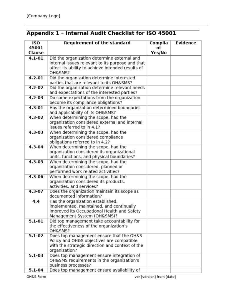 ISO45001-13.1 Appendix 1 Internal Audit Checklist Regular | PDF | Internal Audit | Audit