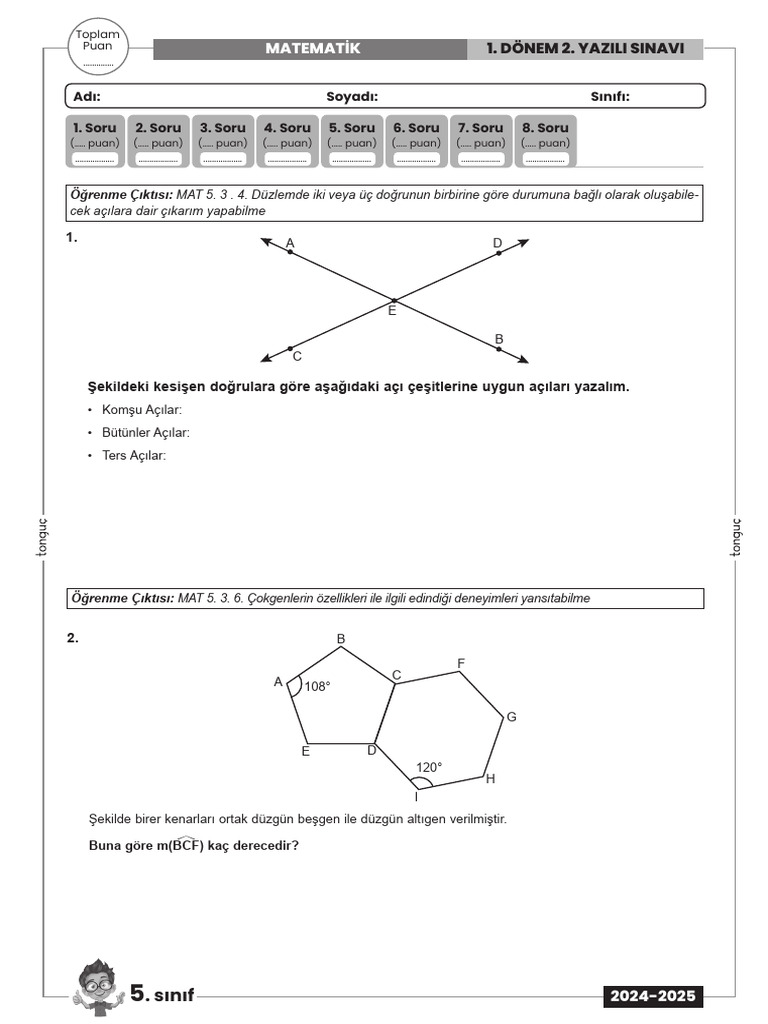 Sınıf MATEMATİK 1. Dönem 2. Yazılı Soruları (Maarif Modeline Uygun ...