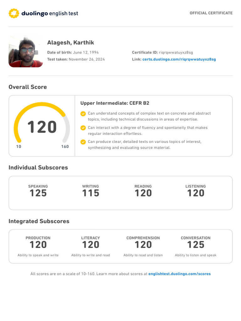 Duolingo English Test Certificate B2 | PDF