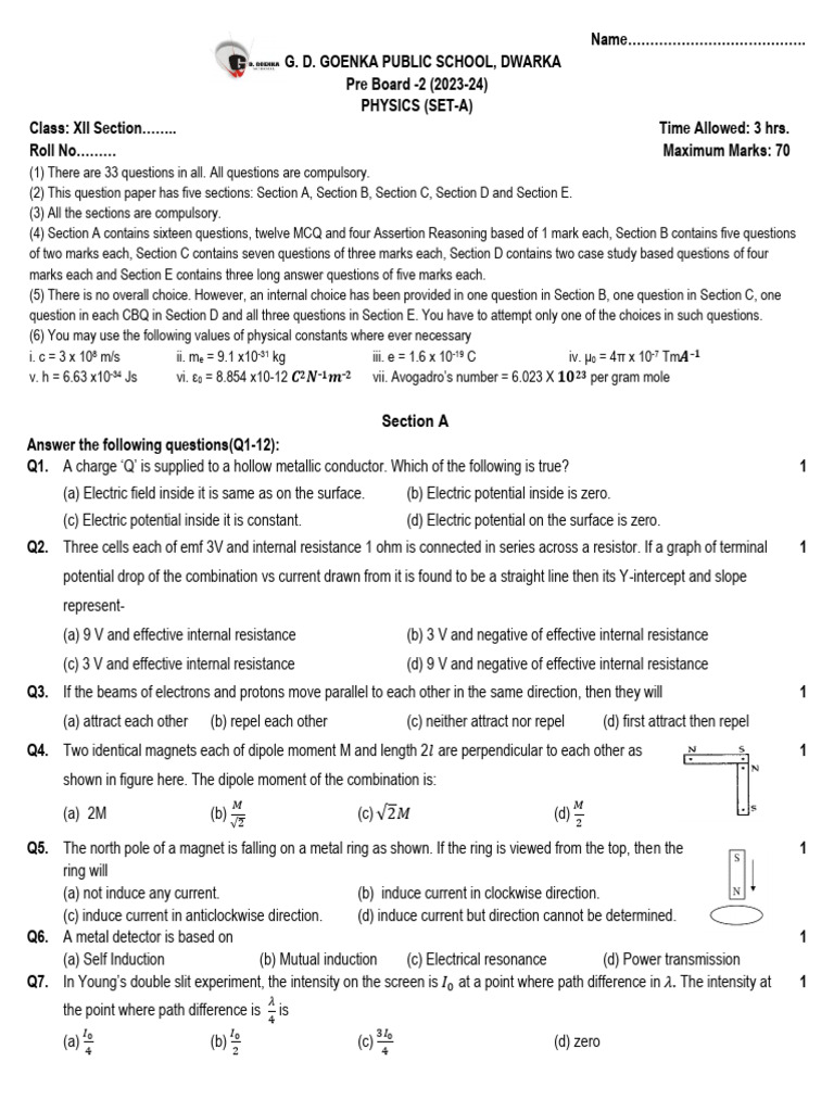 Physics - Pre Board-2 - QP - Class-12-2023-24-SET-A | PDF | Photoelectric Effect | Electron