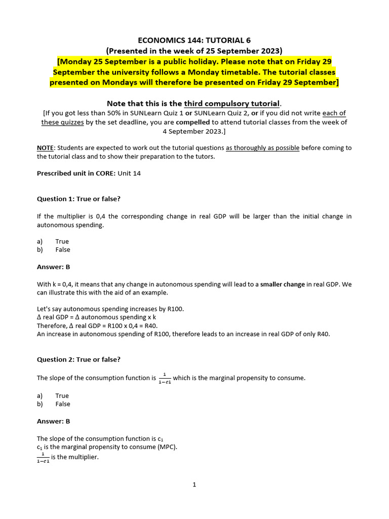 Tutorial 6 Questions and Memo 2023 | PDF | Fiscal Multiplier | Multiplier (Economics)