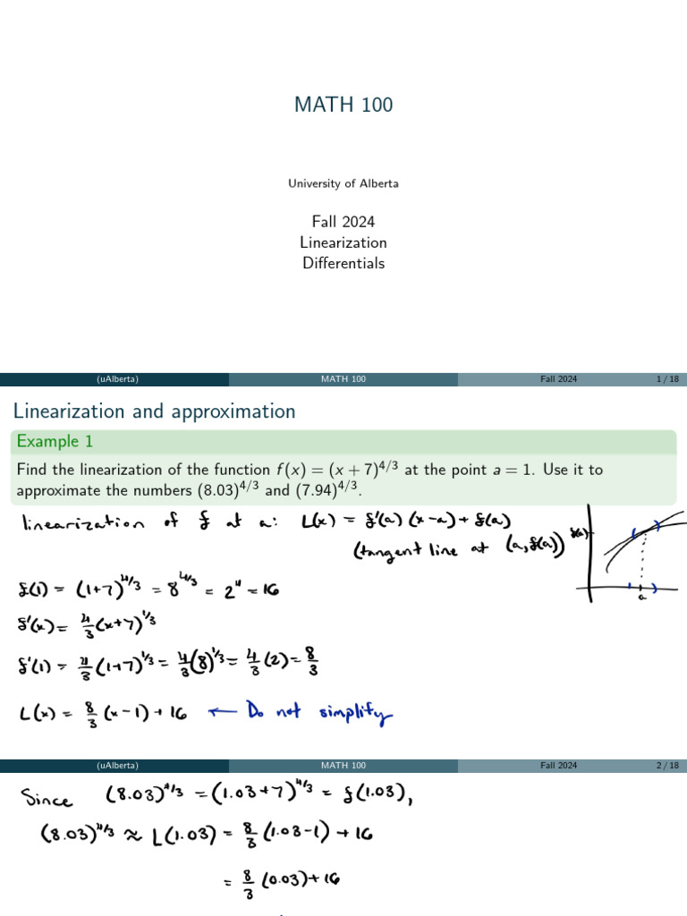 MATH 100: Linearization & Differentials | PDF