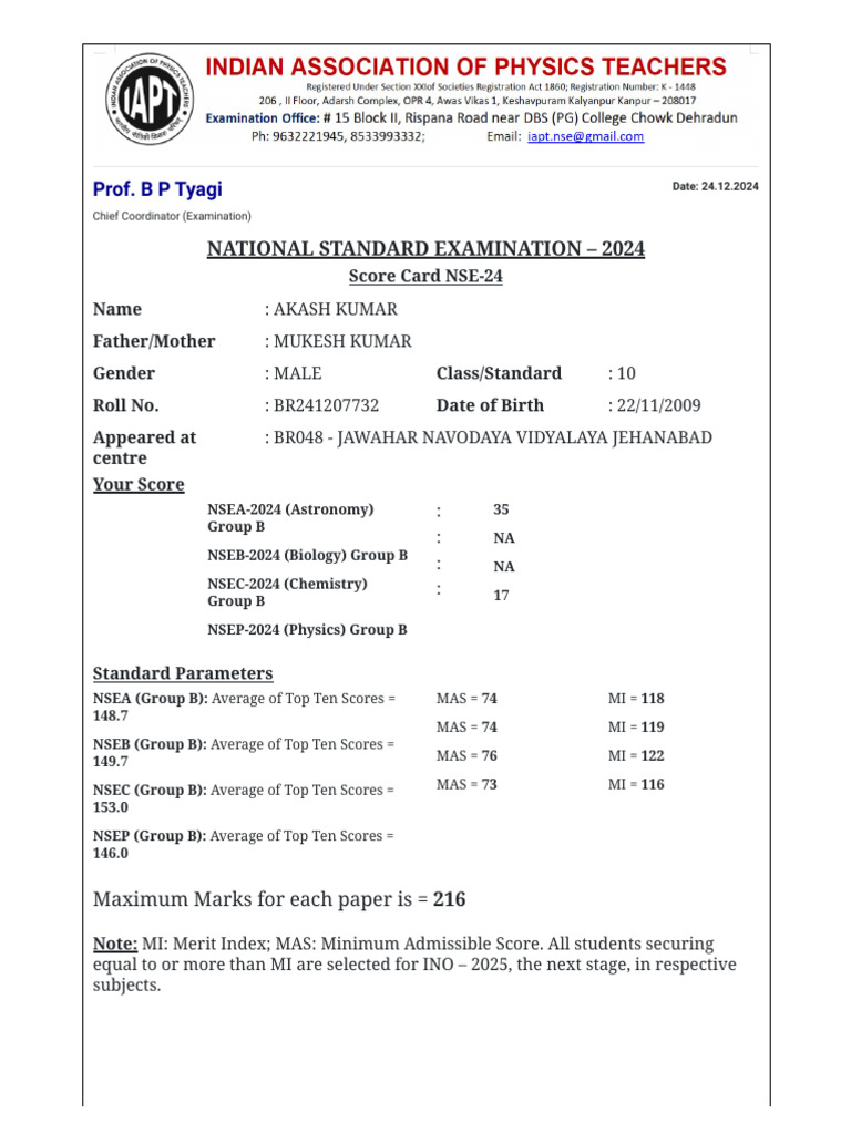 NSE-2024 Score Card: Akash Kumar | PDF