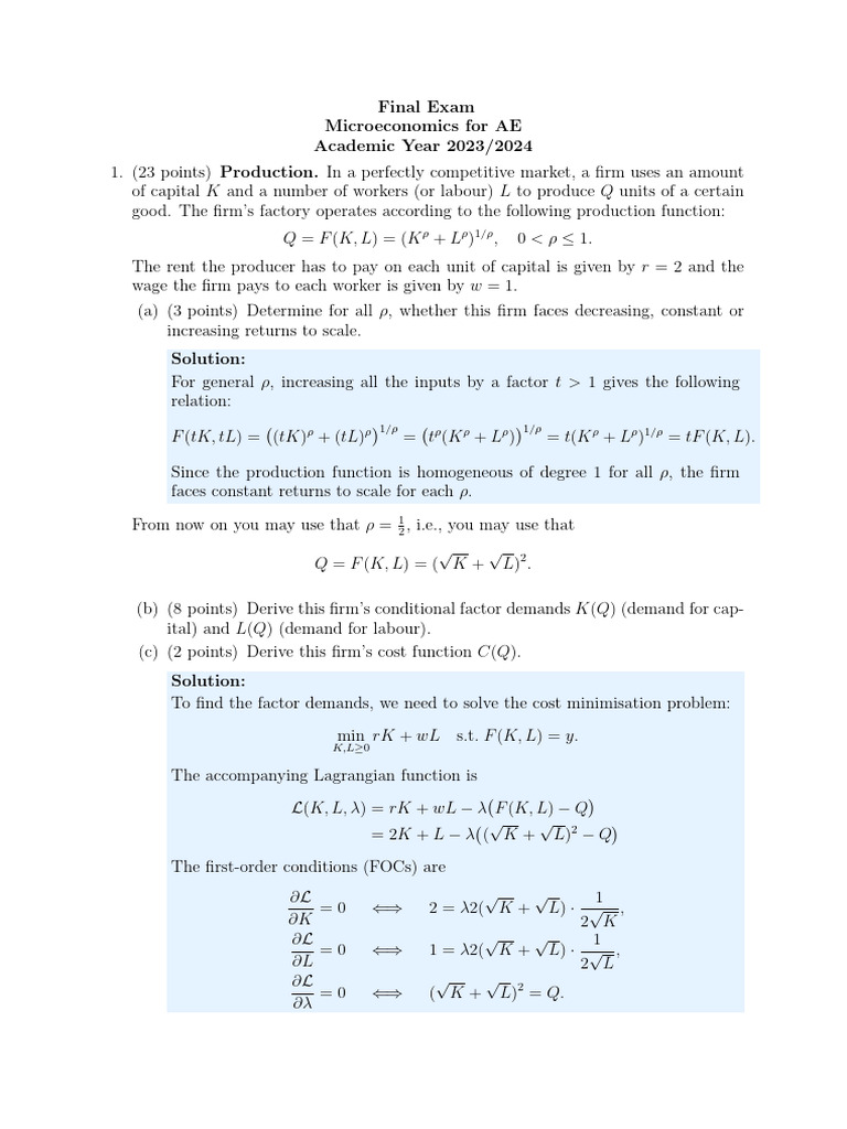 Micro Exam 2023 Solutions | PDF | Economic Equilibrium | Economic Surplus