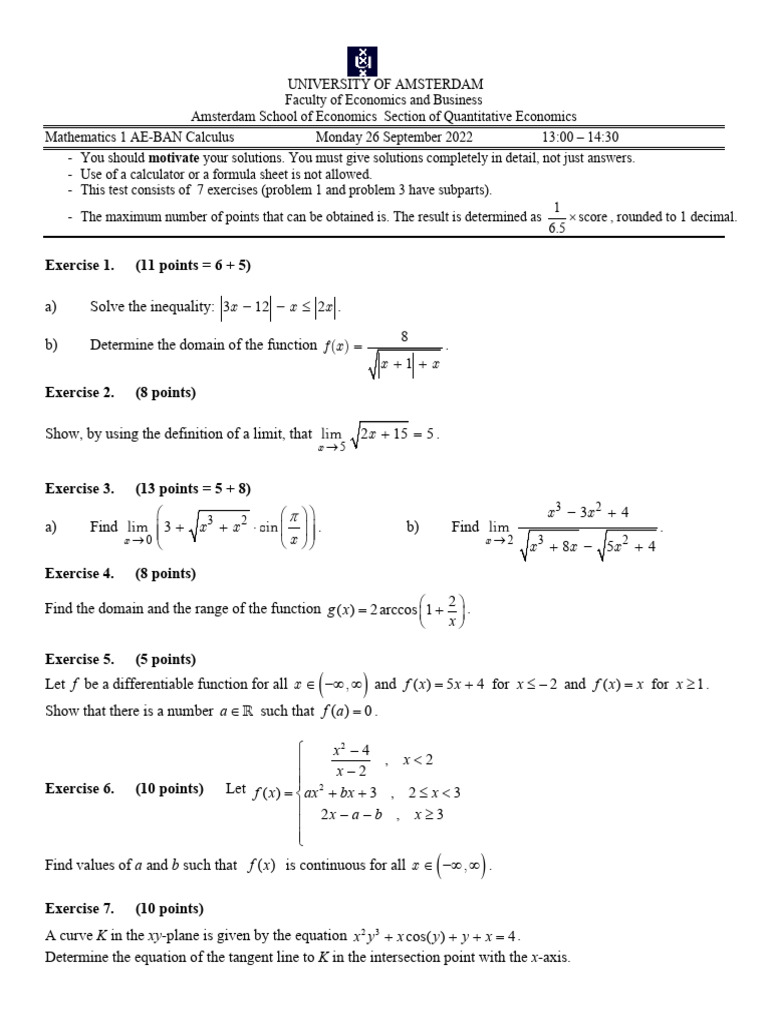 Mathematics 1 AEO Calculus Midterm Test As It Should Have Been | PDF ...