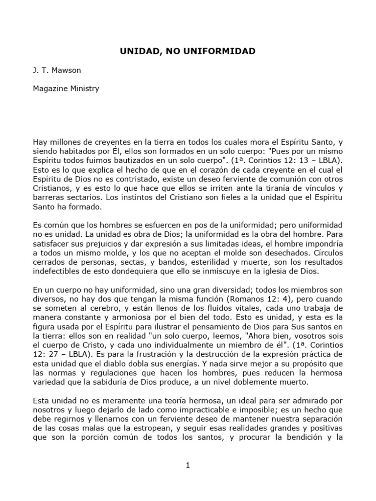 J. T. Mawson - UNIDAD, NO UNIFORMIDAD | PDF | Creencia religiosa y ...