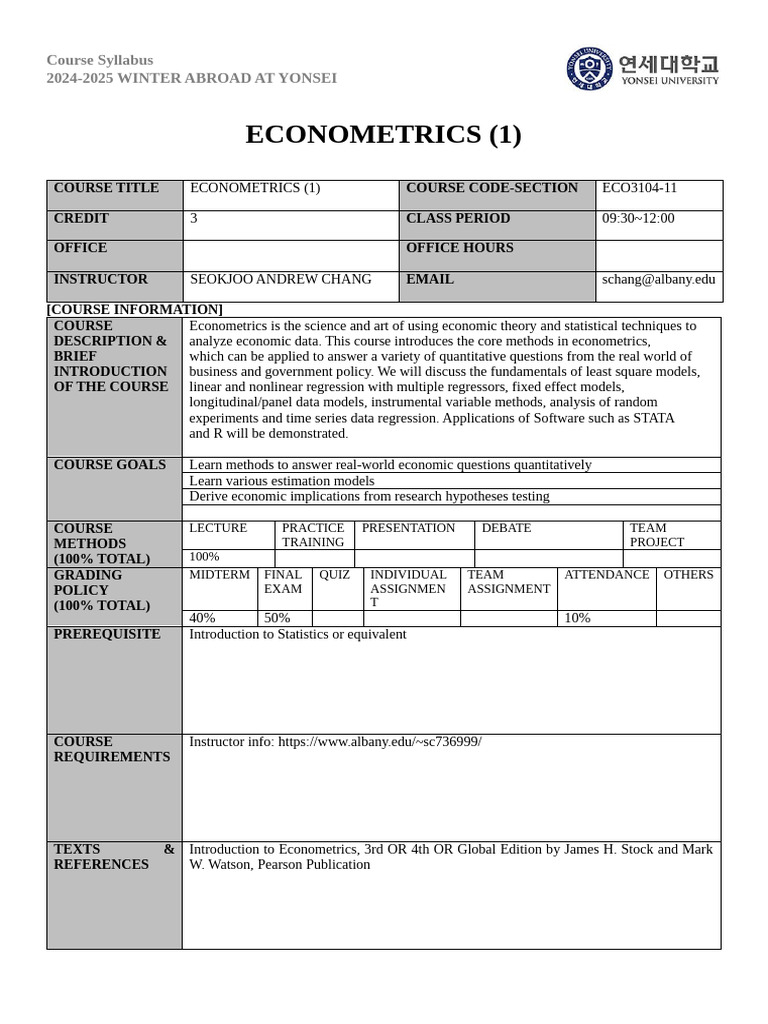 2024 Way Eco3104-11 Econometrics (1) Seokjoo Andrew Chang p1 | PDF | Econometrics | Regression ...