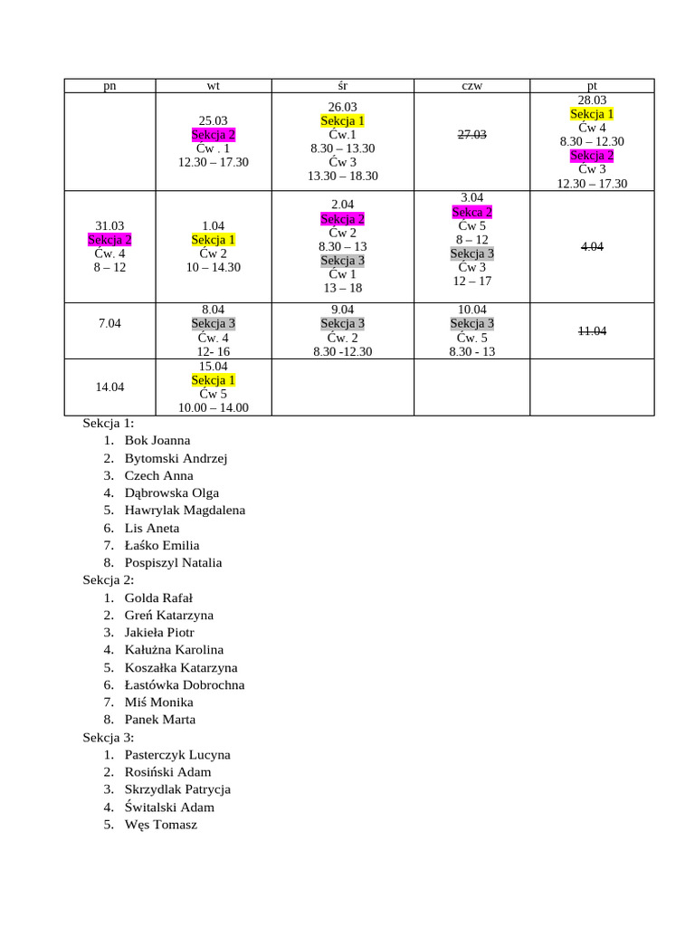 Harmonogram lab. SWC lista sekcji | PDF