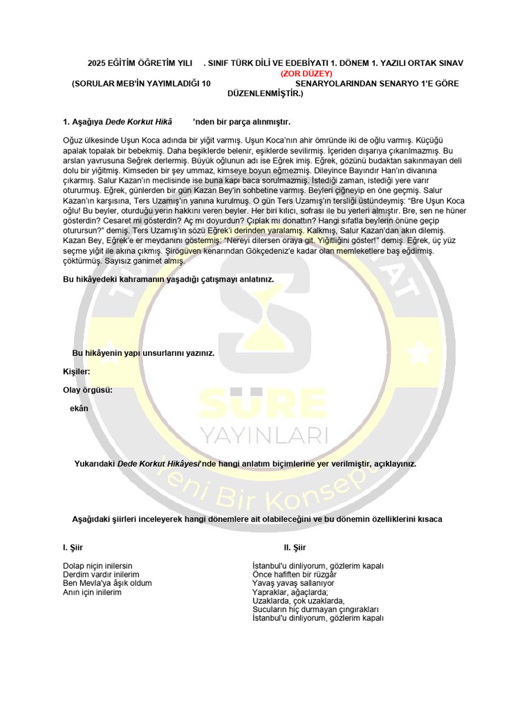 10.-Sinif-Turk-Dili-Ve-Edebiyati-Dersi-1.-Donem-1.-Yazili-Meb-Ornek-Sorulari-2024-2025 | PDF